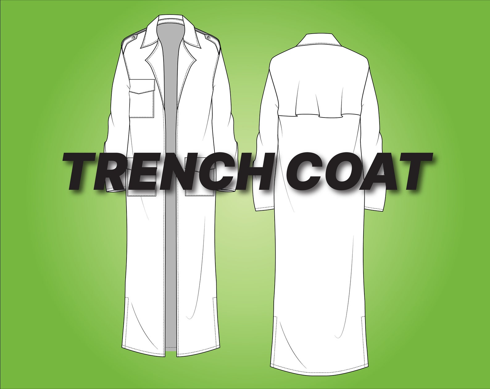 Trench Coat Jacket CAD Sketch Digital Vector File (AI) for Fashion ...