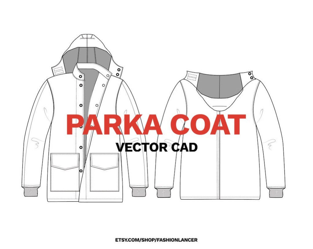 Hooded Parka Jacket / Outerwear Coat With Pockets CAD Sketch Digital ...