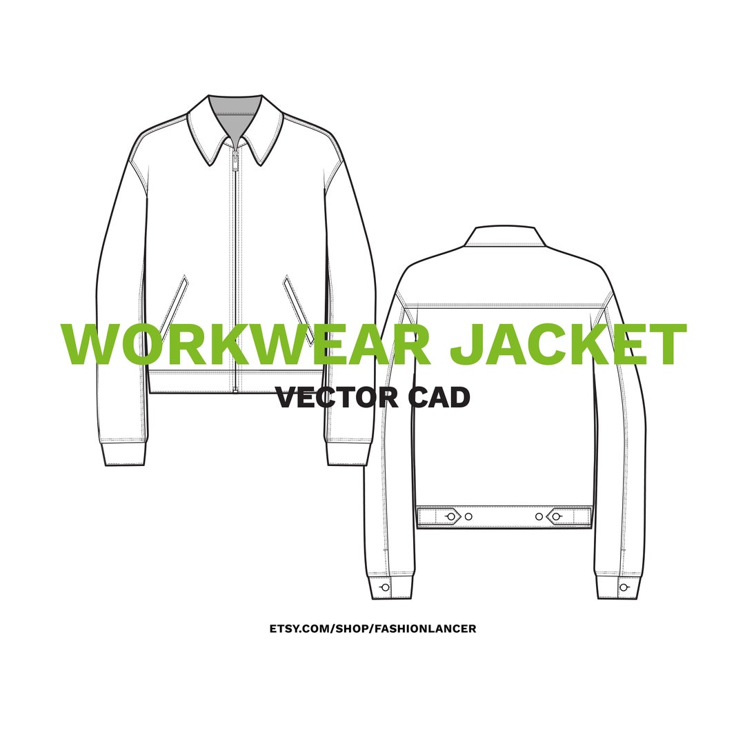 Workwear / Unisex Denim Jean Jacket • CAD Fashion Flat Sketch • Digital ...