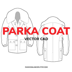 Parka Coat With Fur Hood • CAD Flat Sketch • Fashion Design Template ...