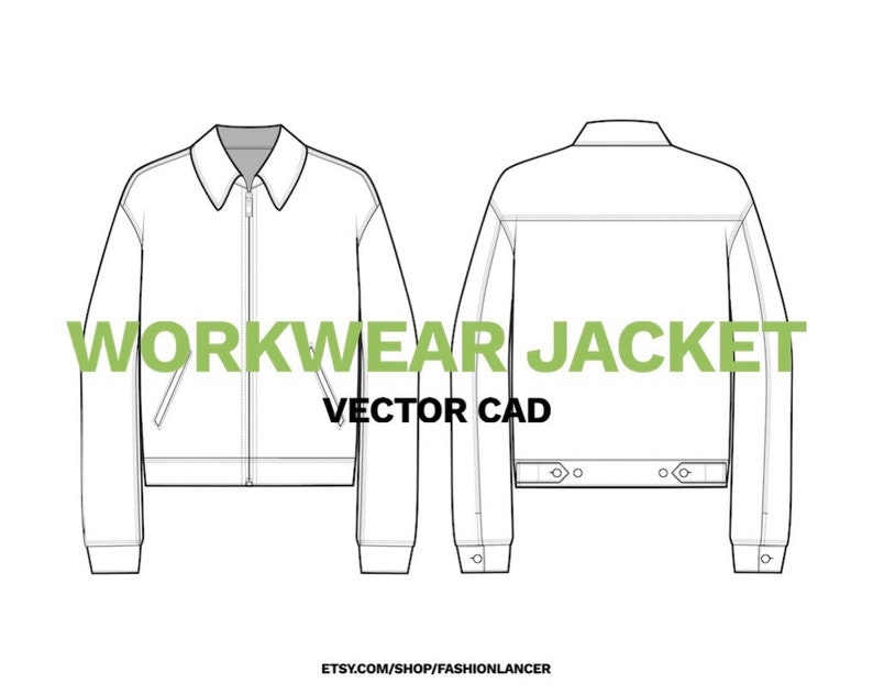 Workwear / Unisex Denim Jean Jacket • CAD Fashion Flat Sketch • Digital ...