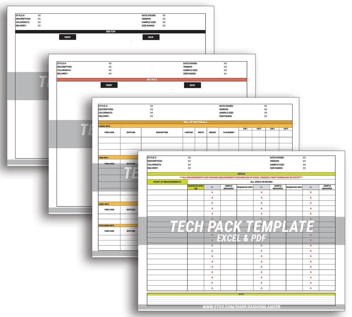 TECH PACK TEMPLATE 9 Pages for Fashion + Apparel Technical Design ...