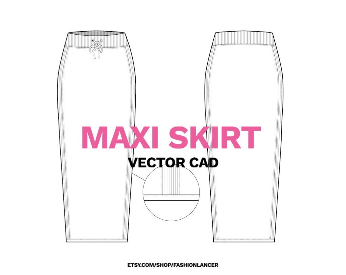 Side Panel Maxi / Midi Skirt CAD Sketch Digital Illustration Vector ...