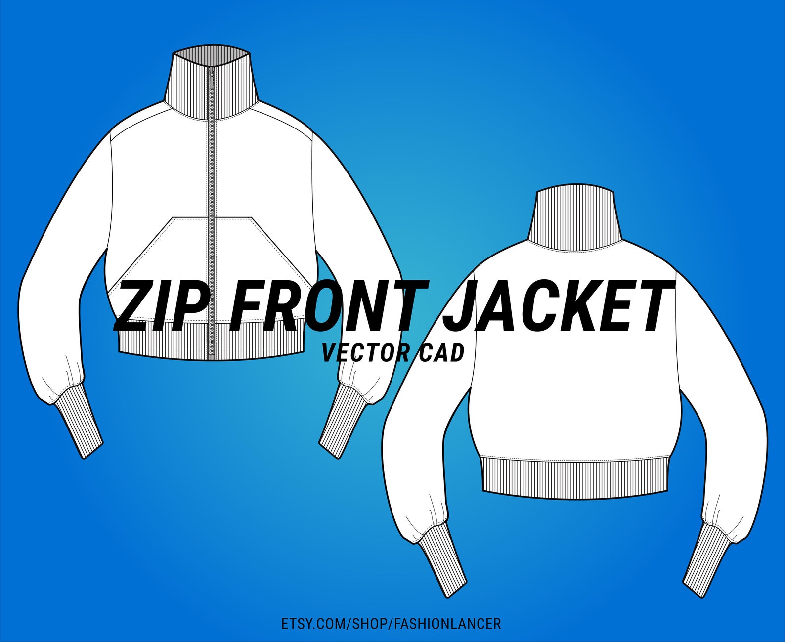 Zip up Jacket / Zip Front Sweatshirt / Sweater CAD Sketch Digital ...