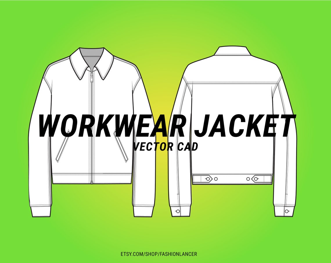 Workwear / Unisex Denim Jean Jacket • CAD Fashion Flat Sketch • Digital ...