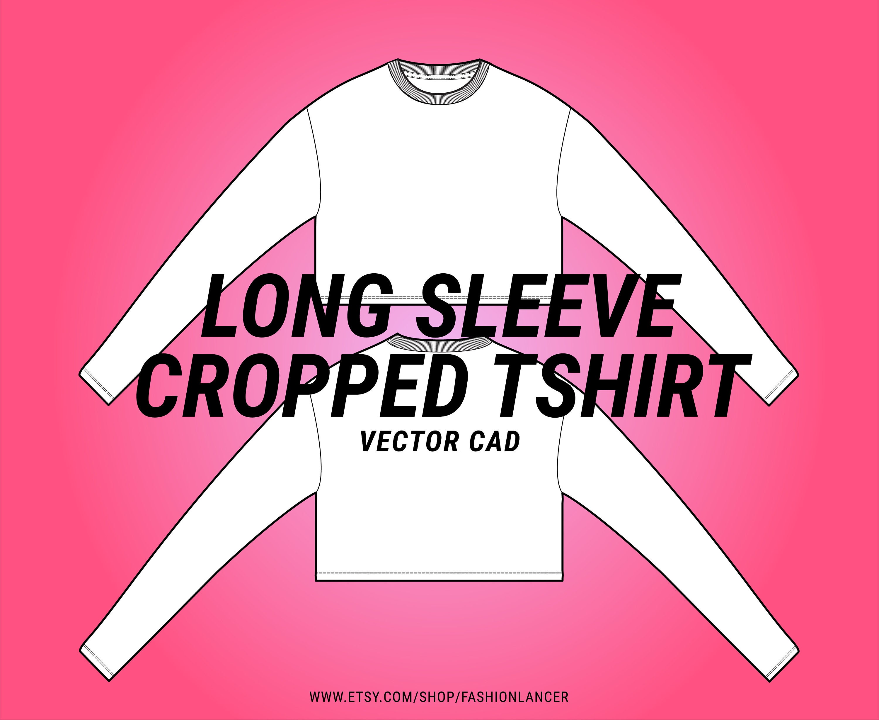 Long Sleeve Crewneck Tshirt / Crop Top / Cropped Tee CAD Flat Sketch ...