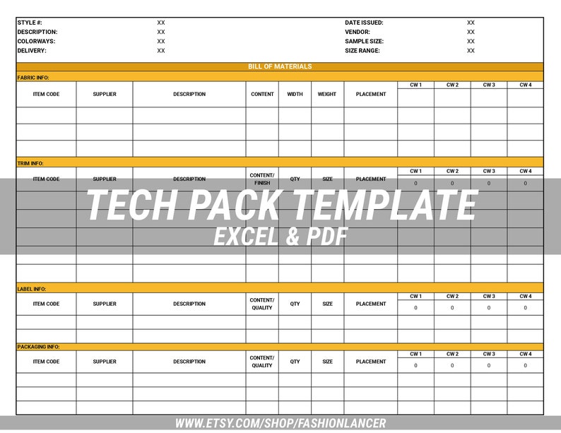 TECH PACK TEMPLATE 9 Pages for Fashion + Apparel Technical Design ...