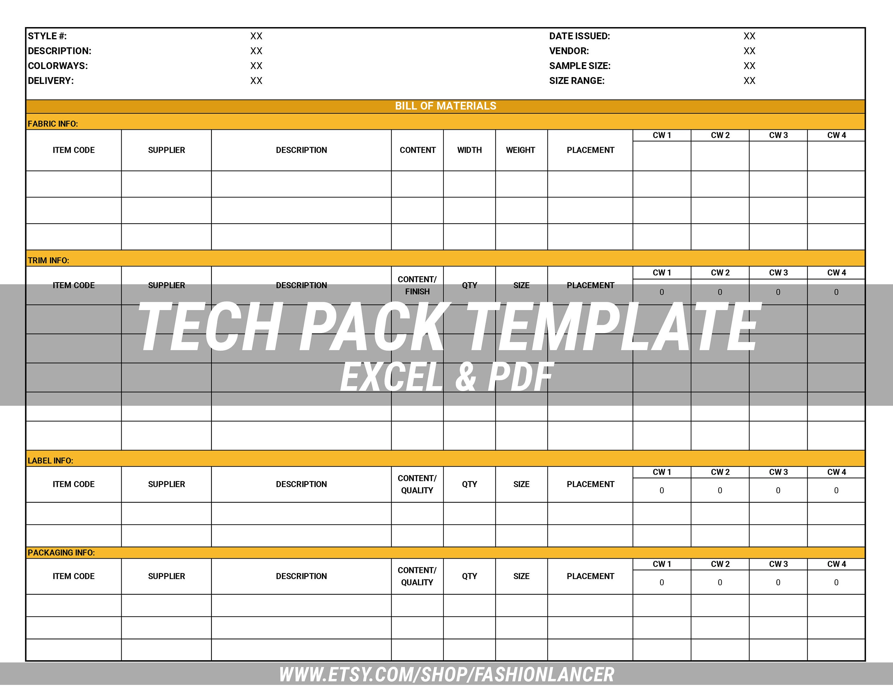TECH PACK TEMPLATE 9 Pages for Fashion + Apparel Technical Design ...