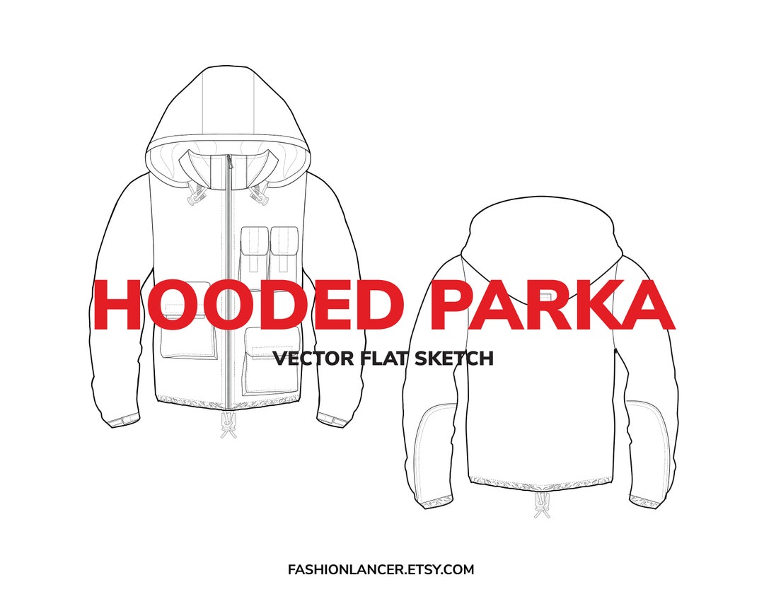 Hooded Parka Jacket With Pockets • CAD Flat Sketch • Fashion Design ...