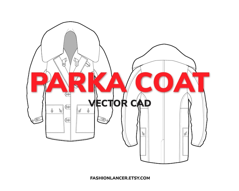 Parka Coat With Fur Hood • CAD Flat Sketch • Fashion Design Template ...