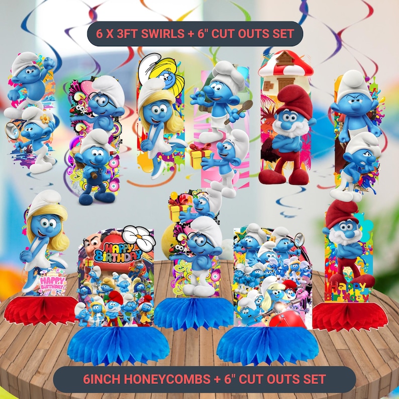 The Smurfs Tableware Honeycomb Table & Hanging Swirls for Theme Party ...