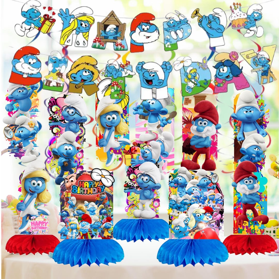 The Smurfs Tableware Honeycomb Table & Hanging Swirls for Theme Party ...