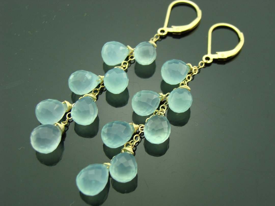 Aqua Blue Chalcedony Cascade 14K Gold Filled Leverback Earrings Gift - Etsy