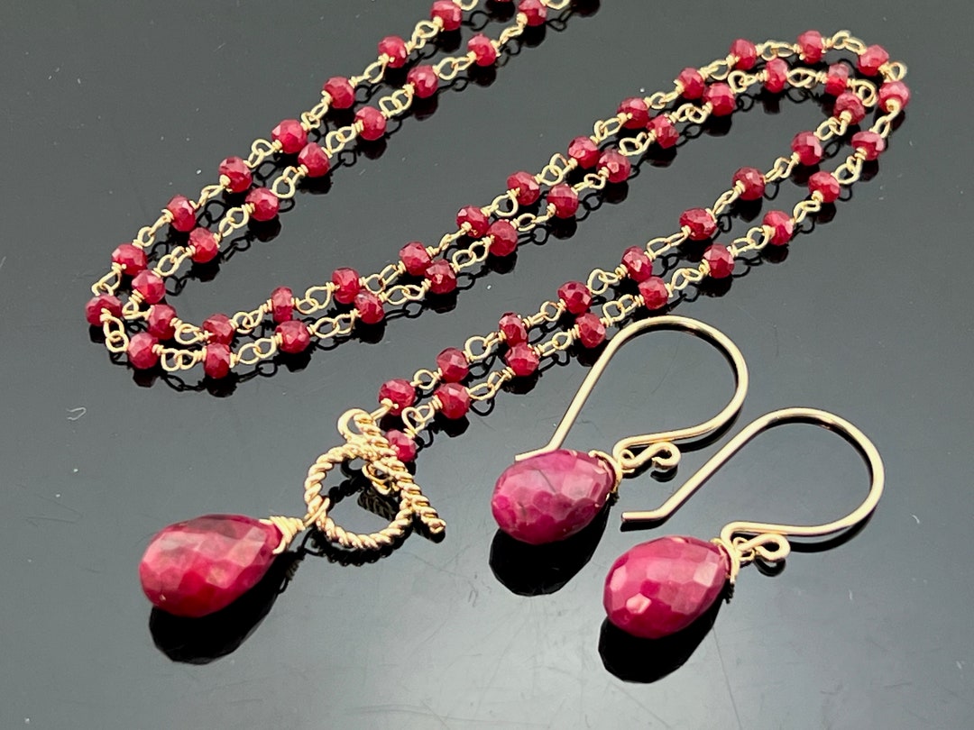 Genuine Ruby Jewelry Set • 14K Gold Filled Earrings & Toggle Necklace ...