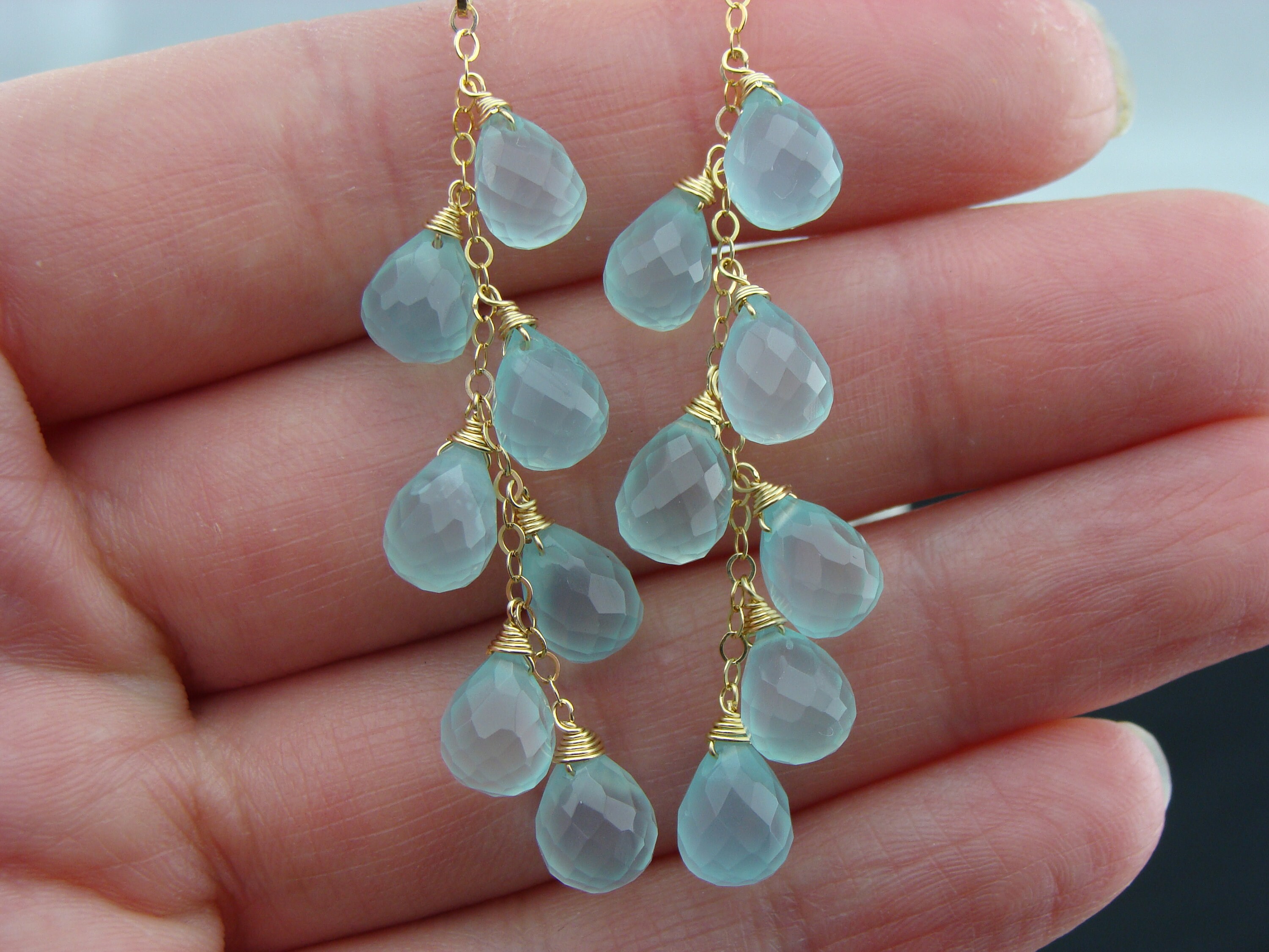 Aqua Blue Chalcedony Cascade 14K Gold Filled Leverback - Etsy
