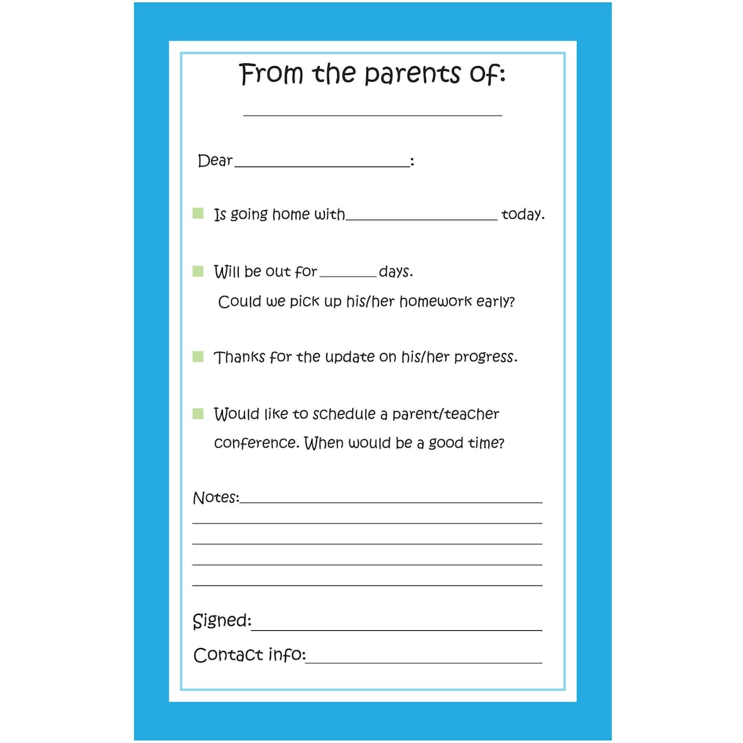Blue School Unpersonalized Excuse Pad Notes to Teacher School Notepad ...