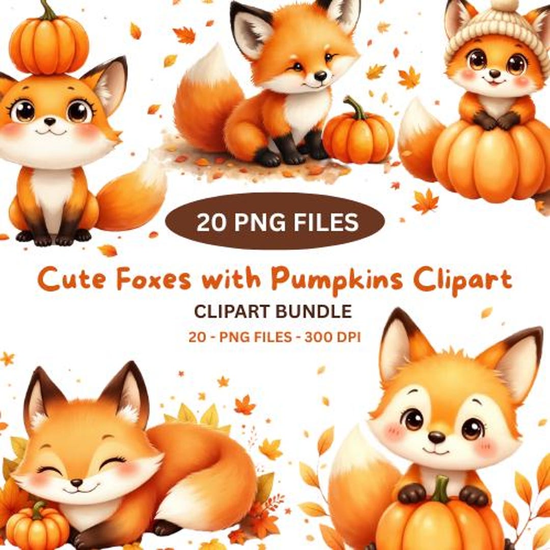 20 Cute Foxes With Pumpkins – Fall Fox PNG Clipart – 300 DPI ...