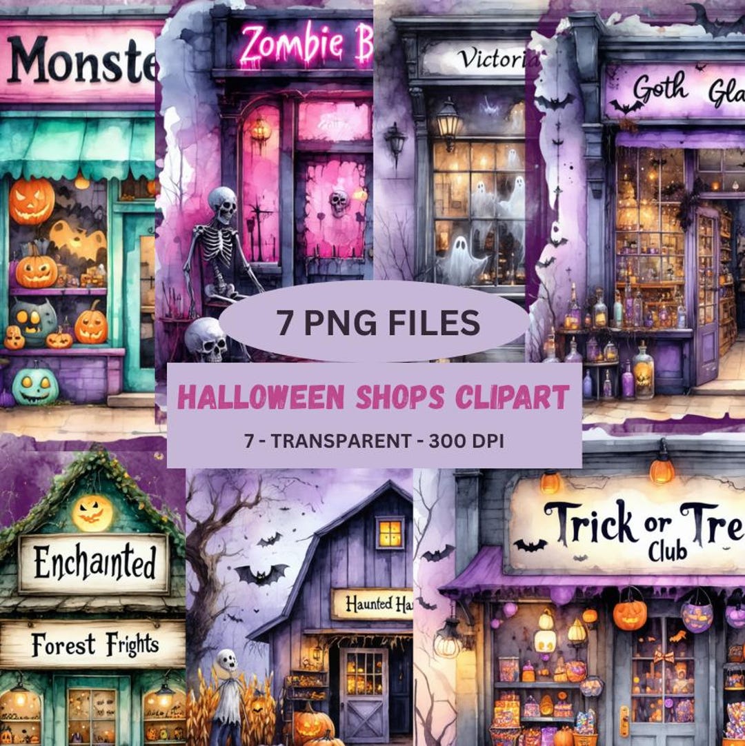 7 - Halloween Storefront Clipart Bundle – Cute Haunted Shops – Spooky ...