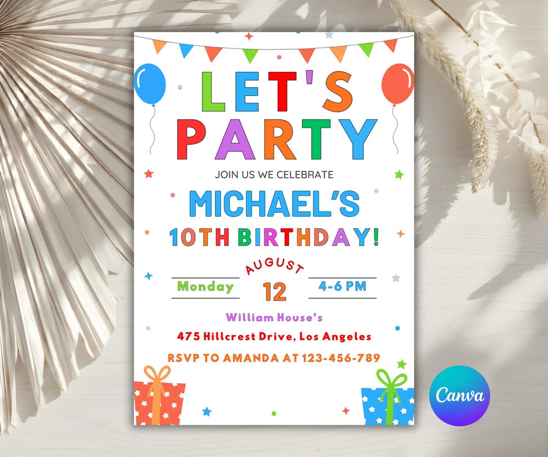 Simple Colorful Birthday Invite, Let's Party Invitation, Bright and ...