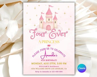 Four Ever A Princess Birthday Invite, Princess Party, Girls Fourth ...
