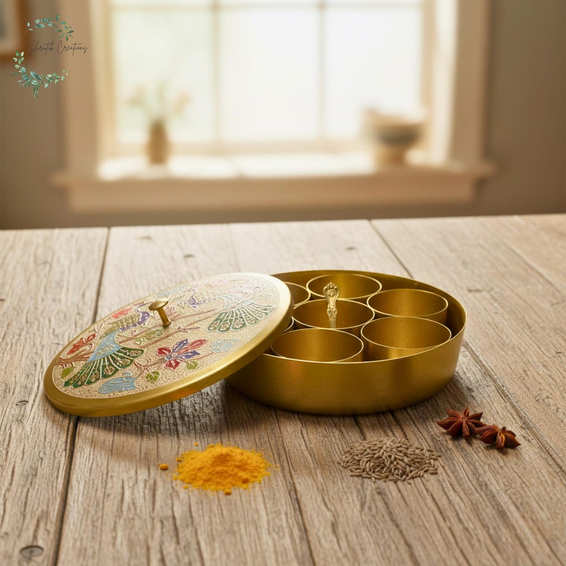 Handcrafted Brass Masala Box With Hand-painted Peacock Design | Indian ...