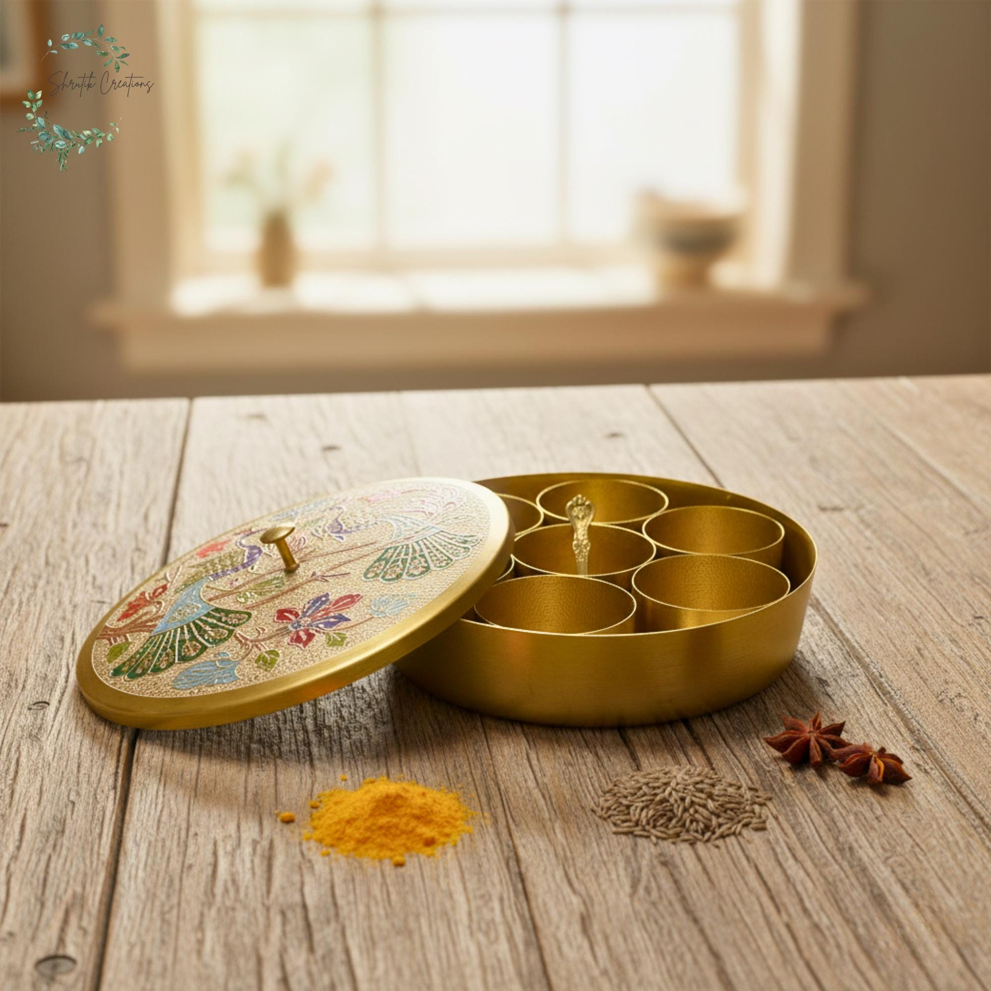 Handcrafted Brass Masala Box With Hand-painted Peacock Design | Indian ...