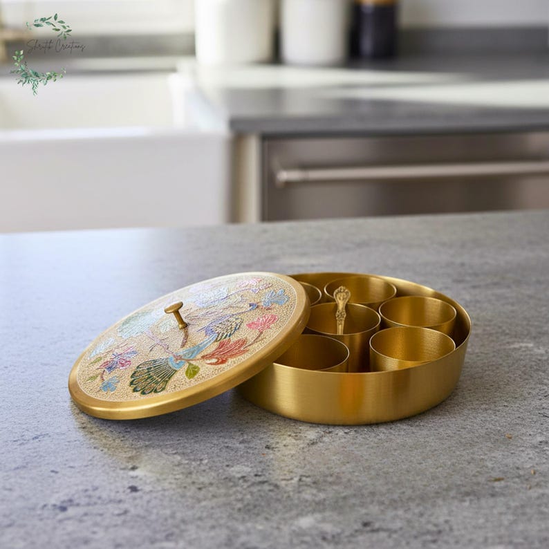 Handcrafted Brass Masala Box With Hand-painted Peacock Design | Indian ...