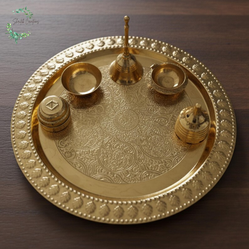 6 Piece Brass Puja Thali Set, Flower Embossed Design, Traditional ...
