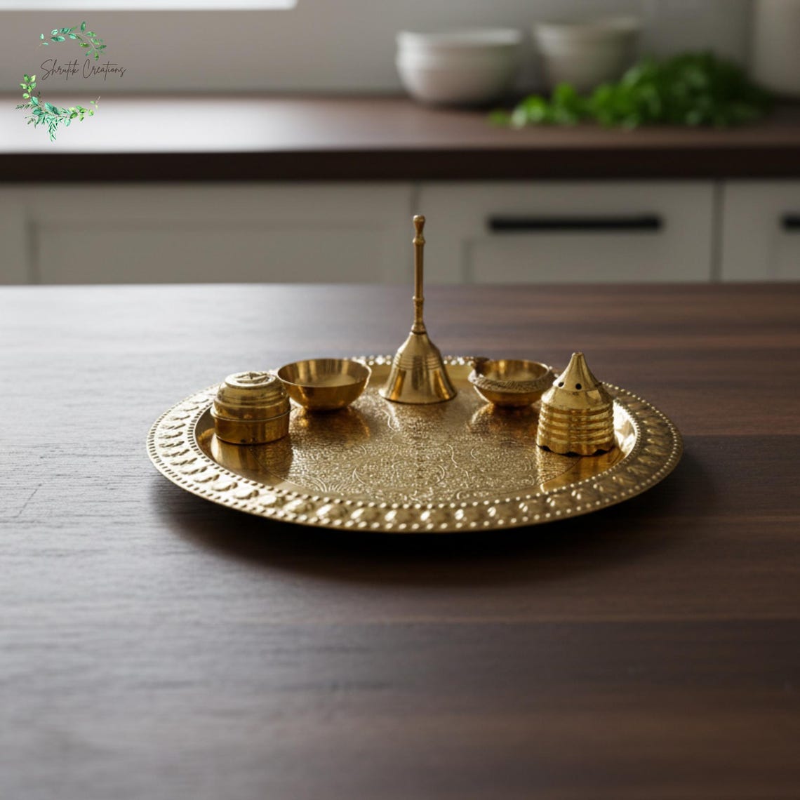6 Piece Brass Puja Thali Set, Flower Embossed Design, Traditional ...