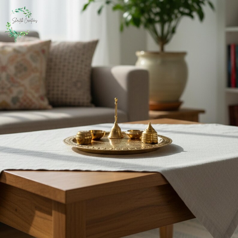 6 Piece Brass Puja Thali Set, Flower Embossed Design, Traditional ...
