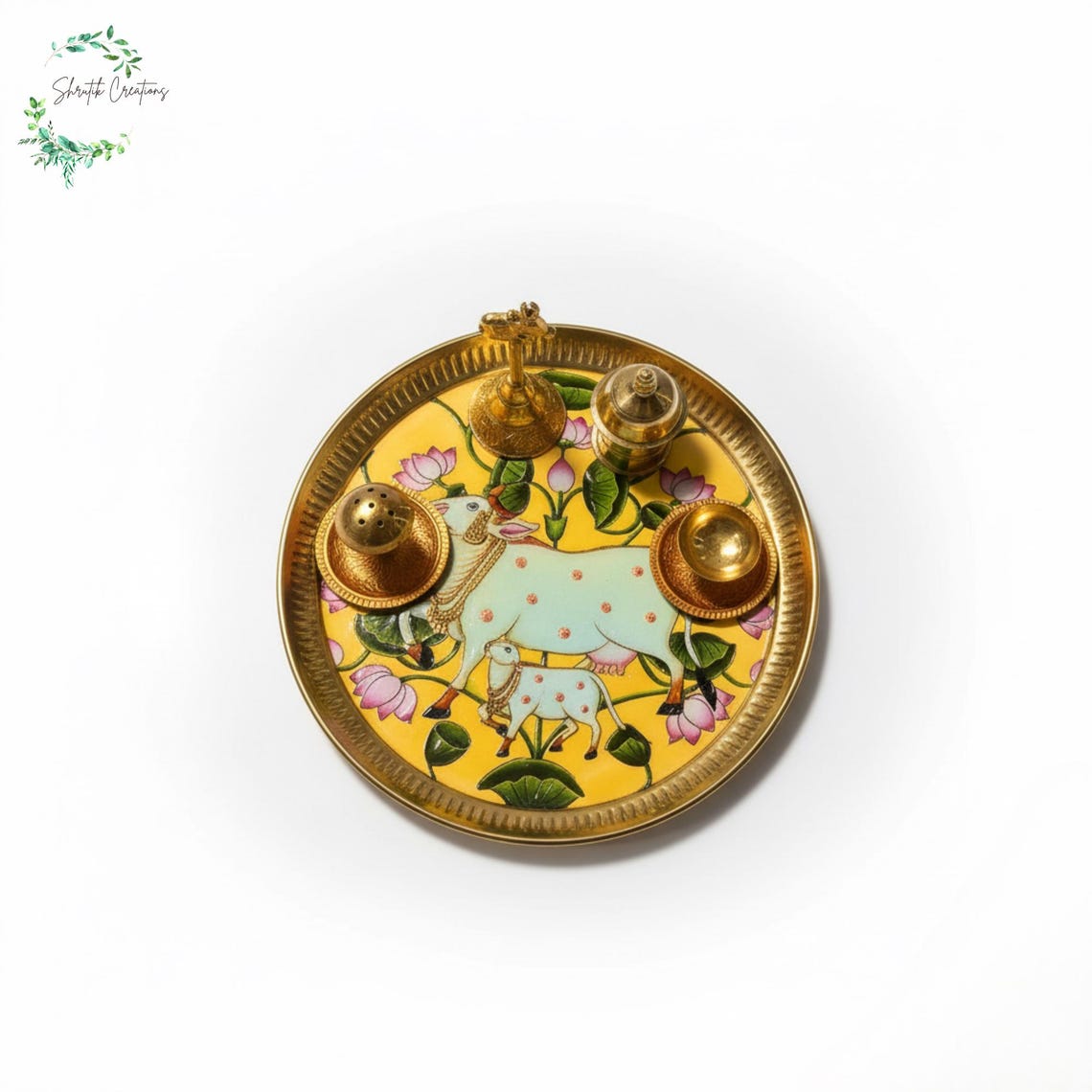 Hand Painted Brass Puja Thali Set, Cow & Lotus Design, Traditional ...