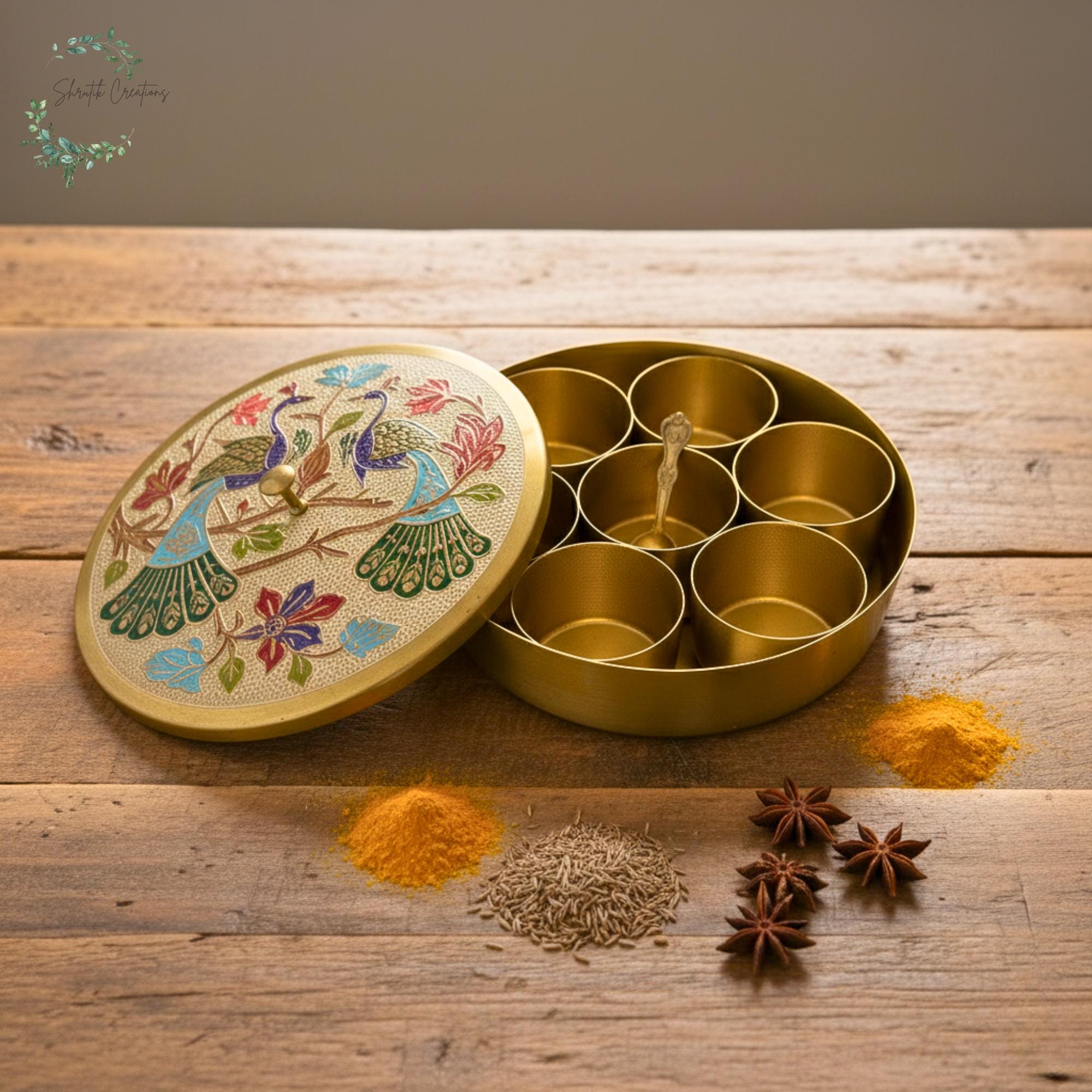 Handcrafted Brass Masala Box With Hand-painted Peacock Design | Indian ...