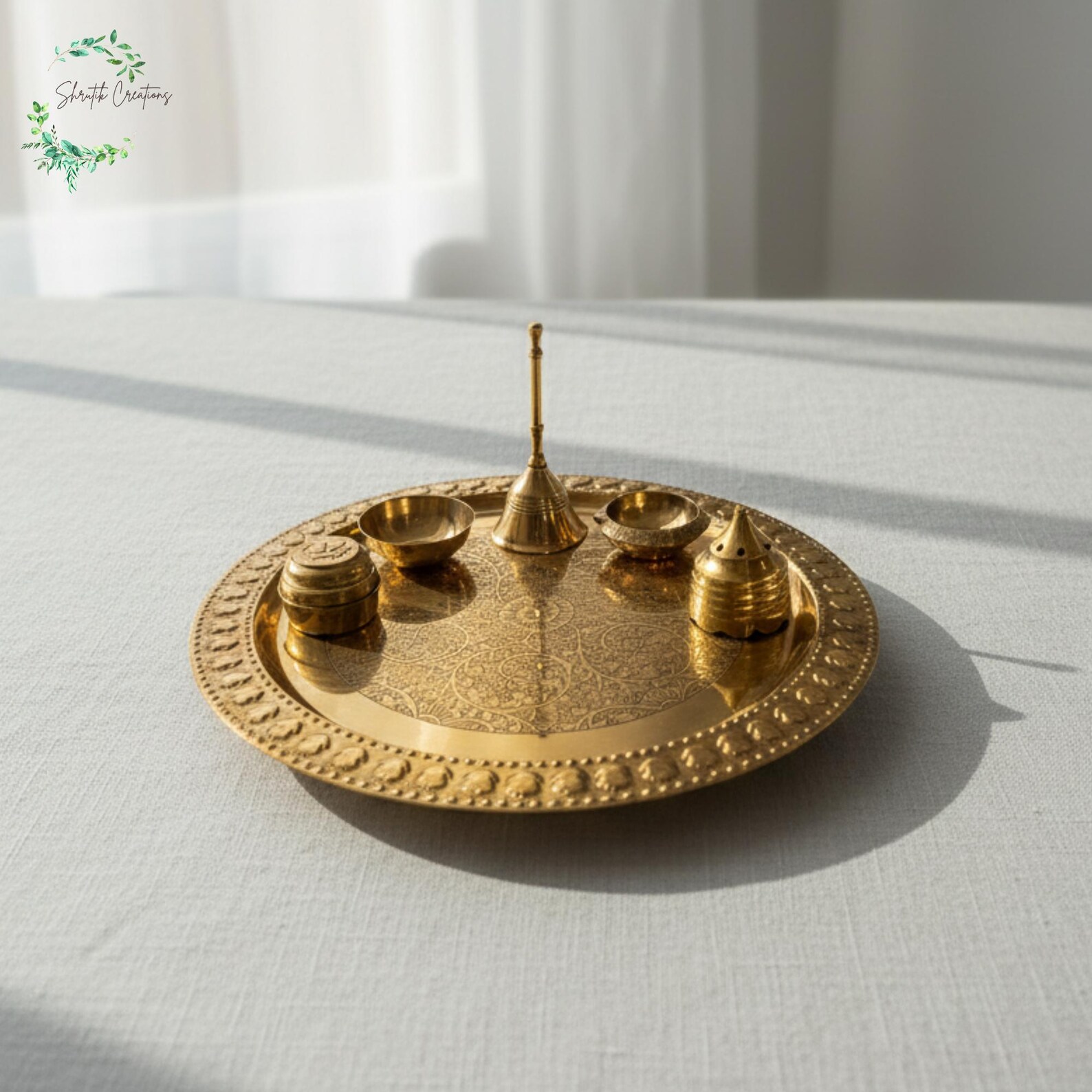 6 Piece Brass Puja Thali Set, Flower Embossed Design, Traditional ...