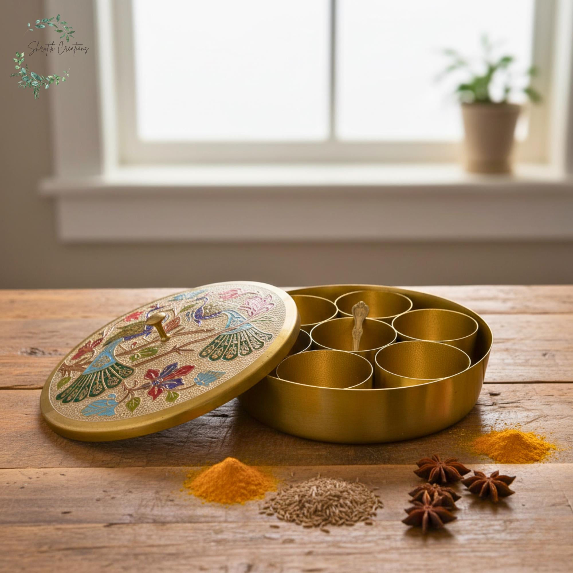 Handcrafted Brass Masala Box With Hand-painted Peacock Design | Indian ...