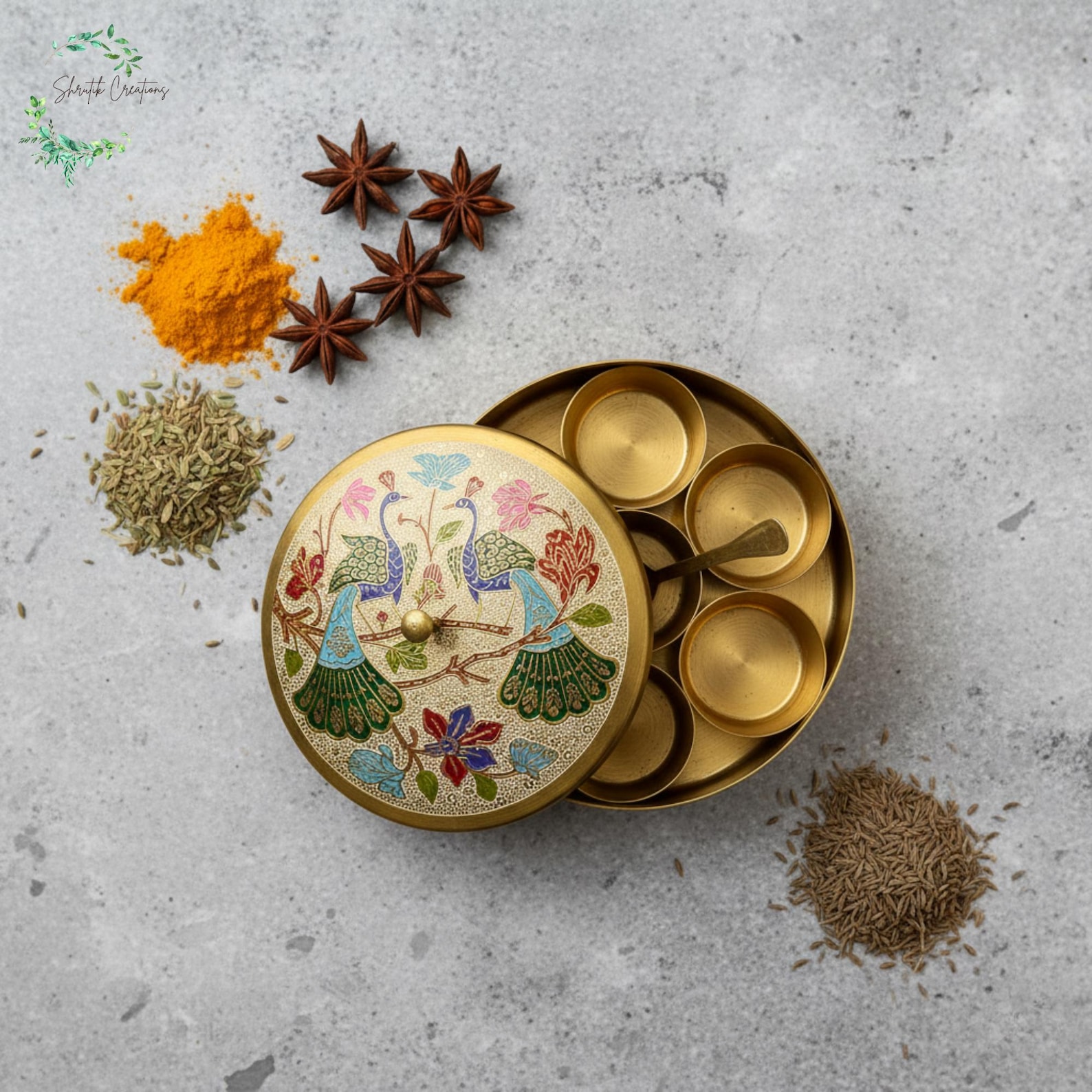 Handcrafted Brass Masala Box With Hand-painted Peacock Design | Indian ...