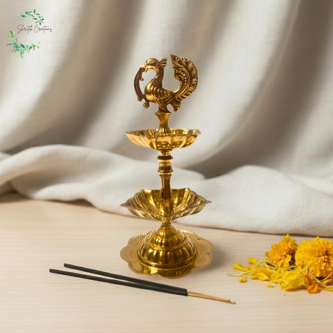 5 Wick Solid Brass Peacock Diya, Traditional Indian Oil Lamp, Handmade ...