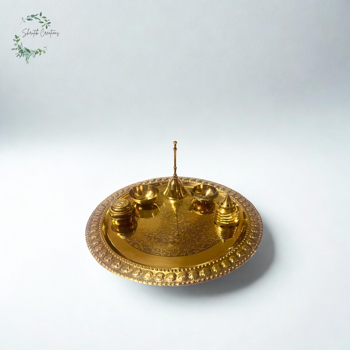 6 Piece Brass Puja Thali Set, Flower Embossed Design, Traditional ...