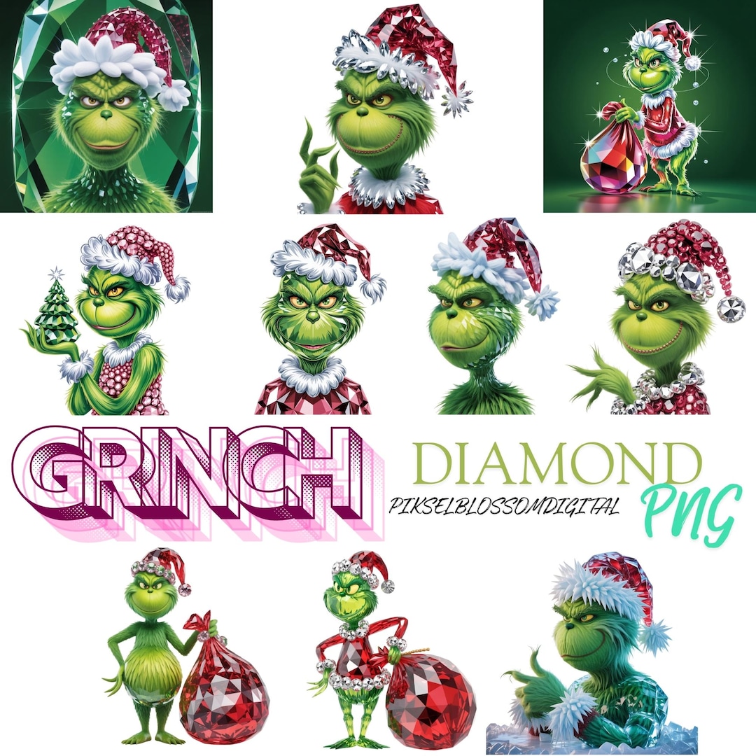 Grinch Diamond PNG Bundle, Christmas Glitter Clipart, Funny Holiday ...