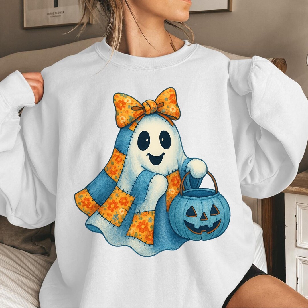 Retro Halloween Blue Denim Ghost Png, Trendy Patchwork Spooky Ghost Png ...