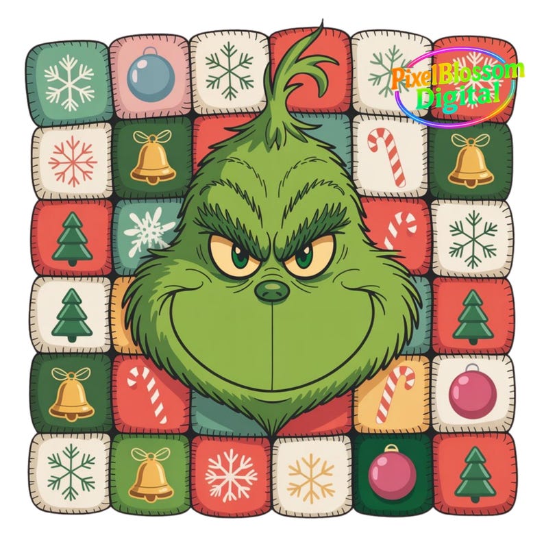 2+ Grinch Patchwork Christmas PNG – Cute Holiday Square Pattern ...