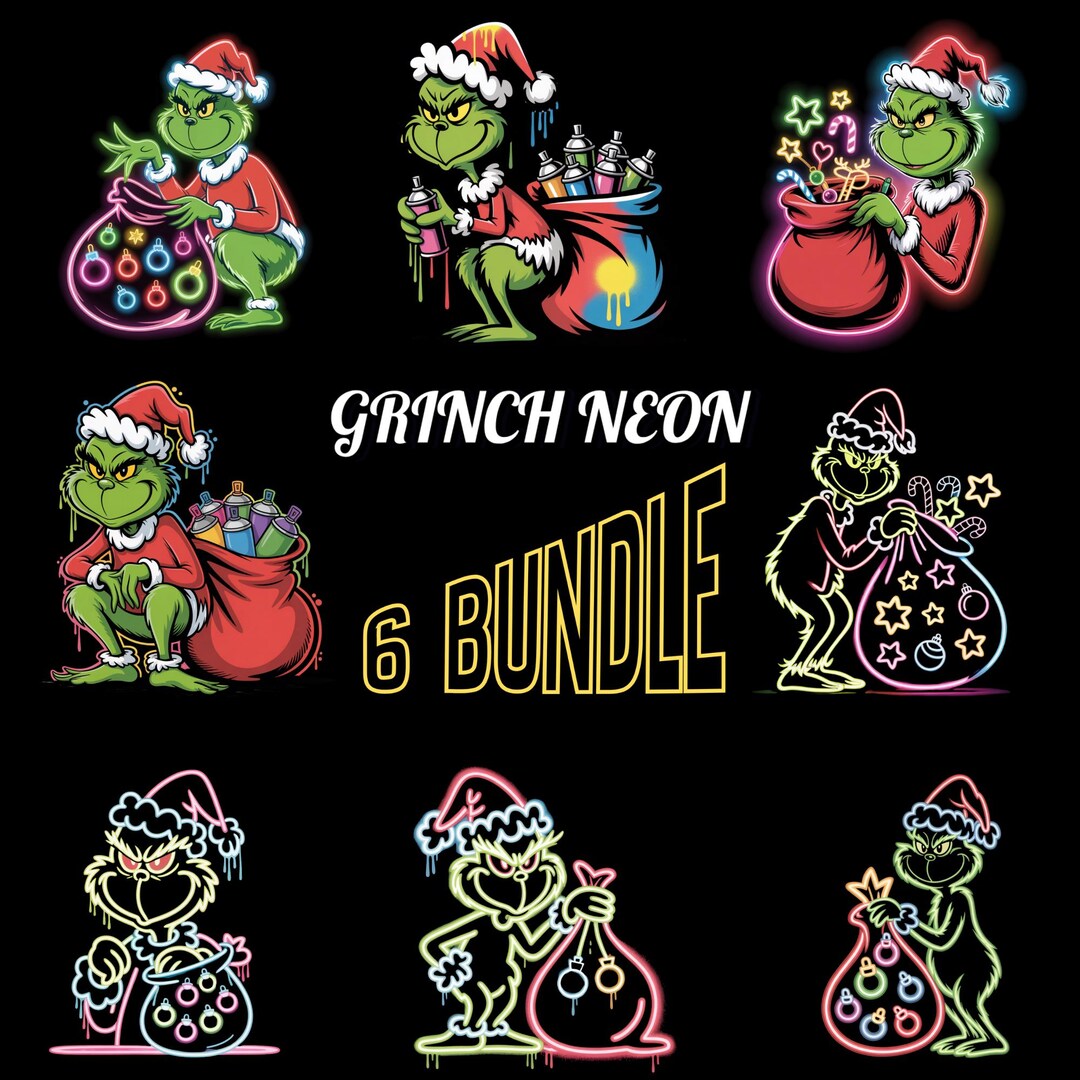 Grinch Neon Christmas PNG Bundle, Funny Holiday Digital Clipart ...