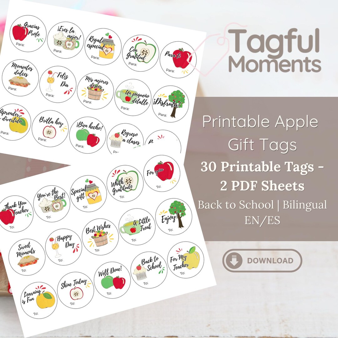 Apple Gift Tags | 30 Printable Round Back to School Tags | Bilingual ...