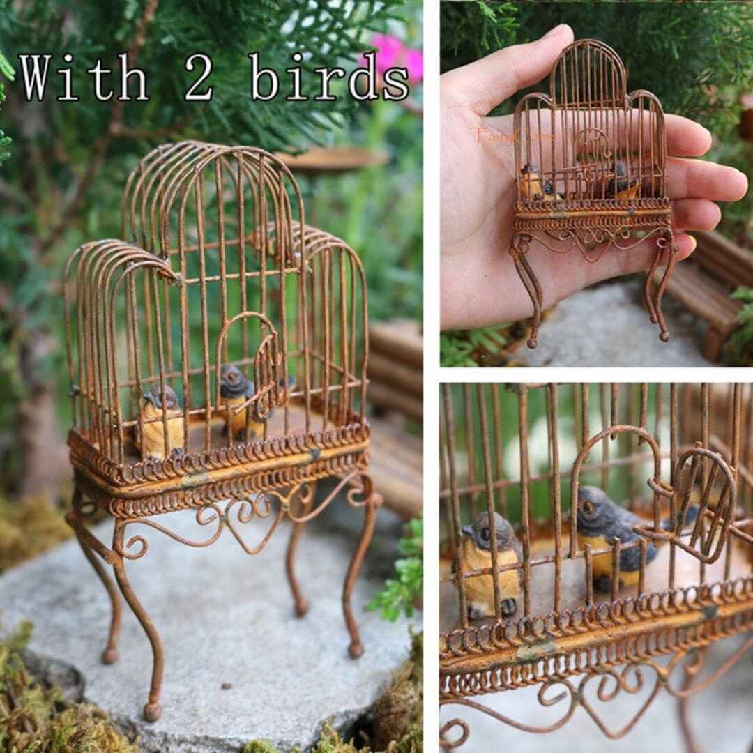 Vintage Rustic Standing Bird Cage & Birds Miniature Fairy Garden Decor ...