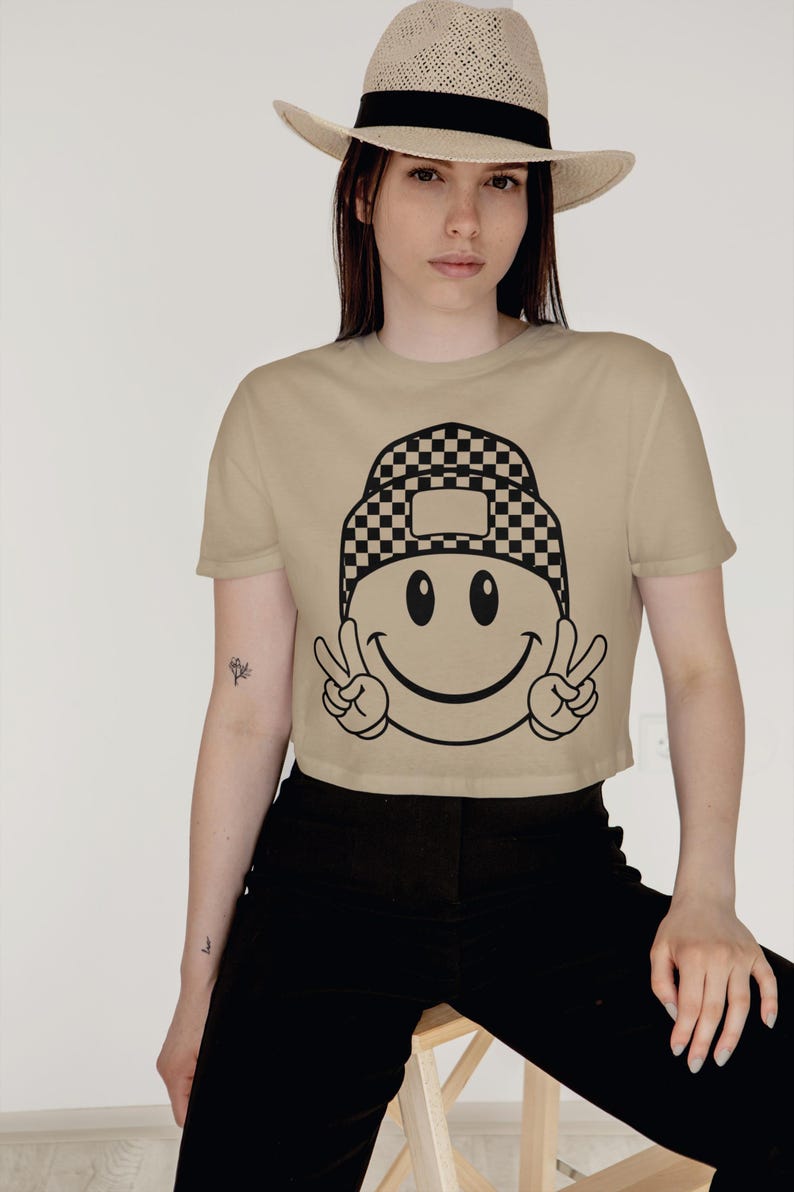 Checkered Happy Face Beanie SVG | Retro Smiley Face Clipart | Peace ...