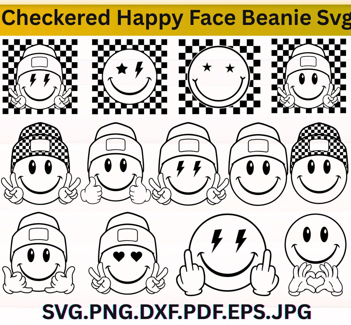 Checkered Happy Face Beanie SVG | Retro Smiley Face Clipart | Peace ...