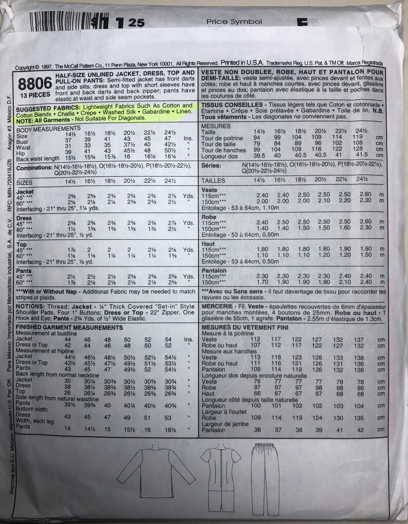 Mccall's 8835 Women's Sewing Pattern Jacket Dress 22 Bust 44 UNCUT - Etsy