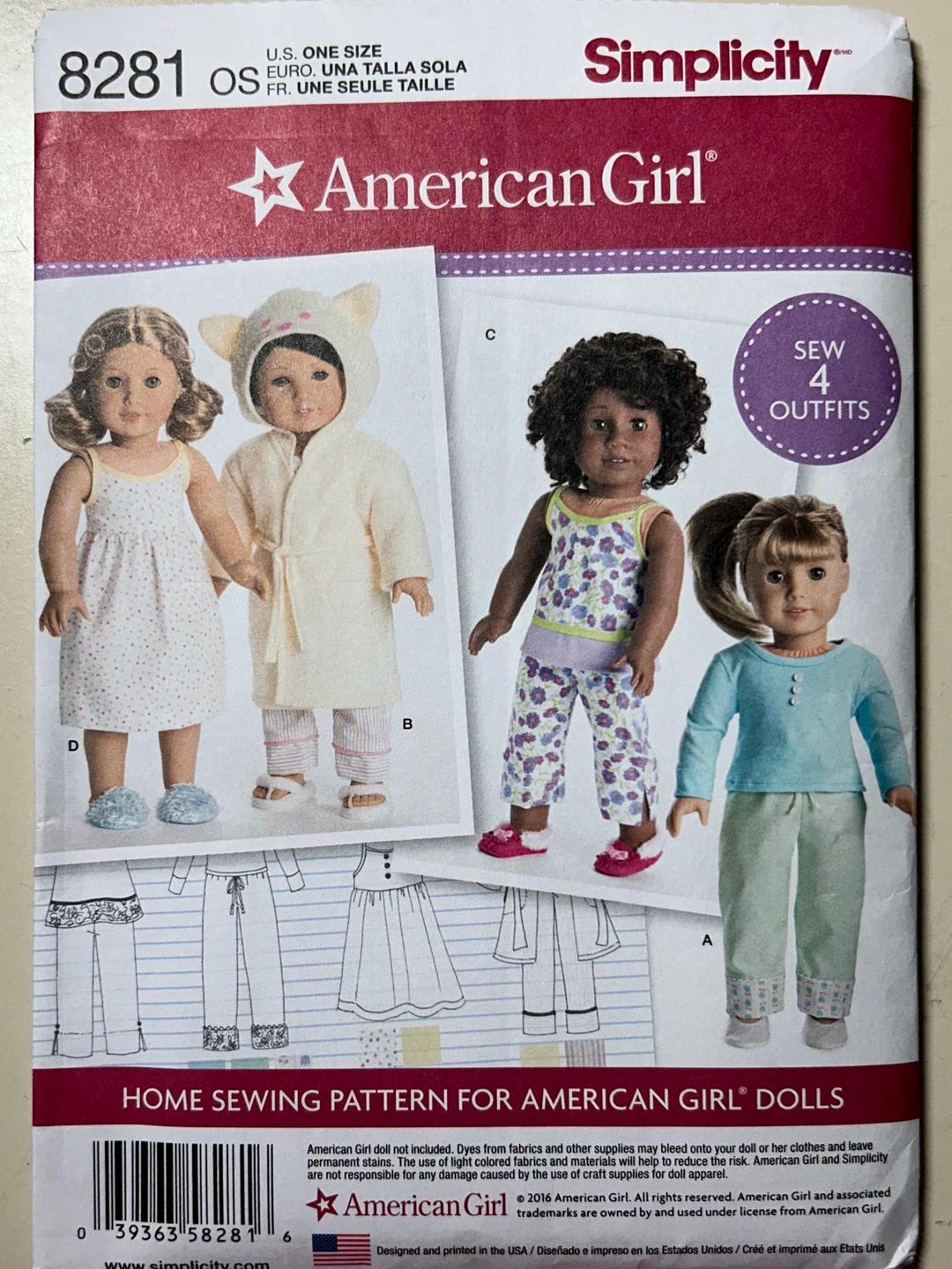 Simplicity 8281 Craft Sewing Pattern American Girl Doll Clothes UNCUT ...