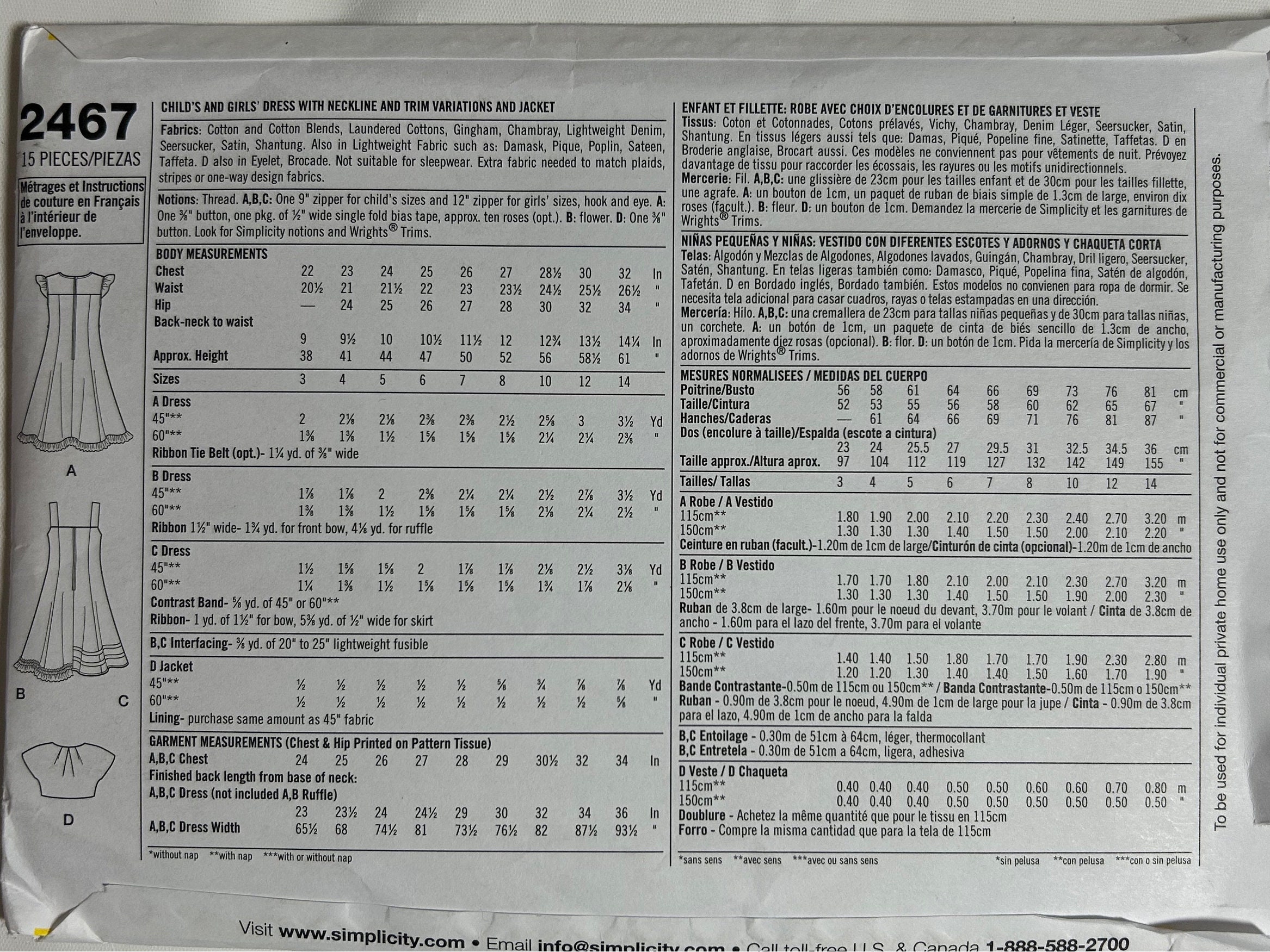 Simplicity 2467 Girl's Sewing Pattern Dress Neckline Trim Variations ...