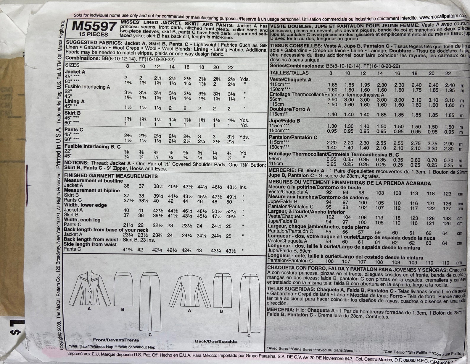 Mccall's 5597 Women's Sewing Pattern Lined Jacket Skirt Pants 16 - 22 ...