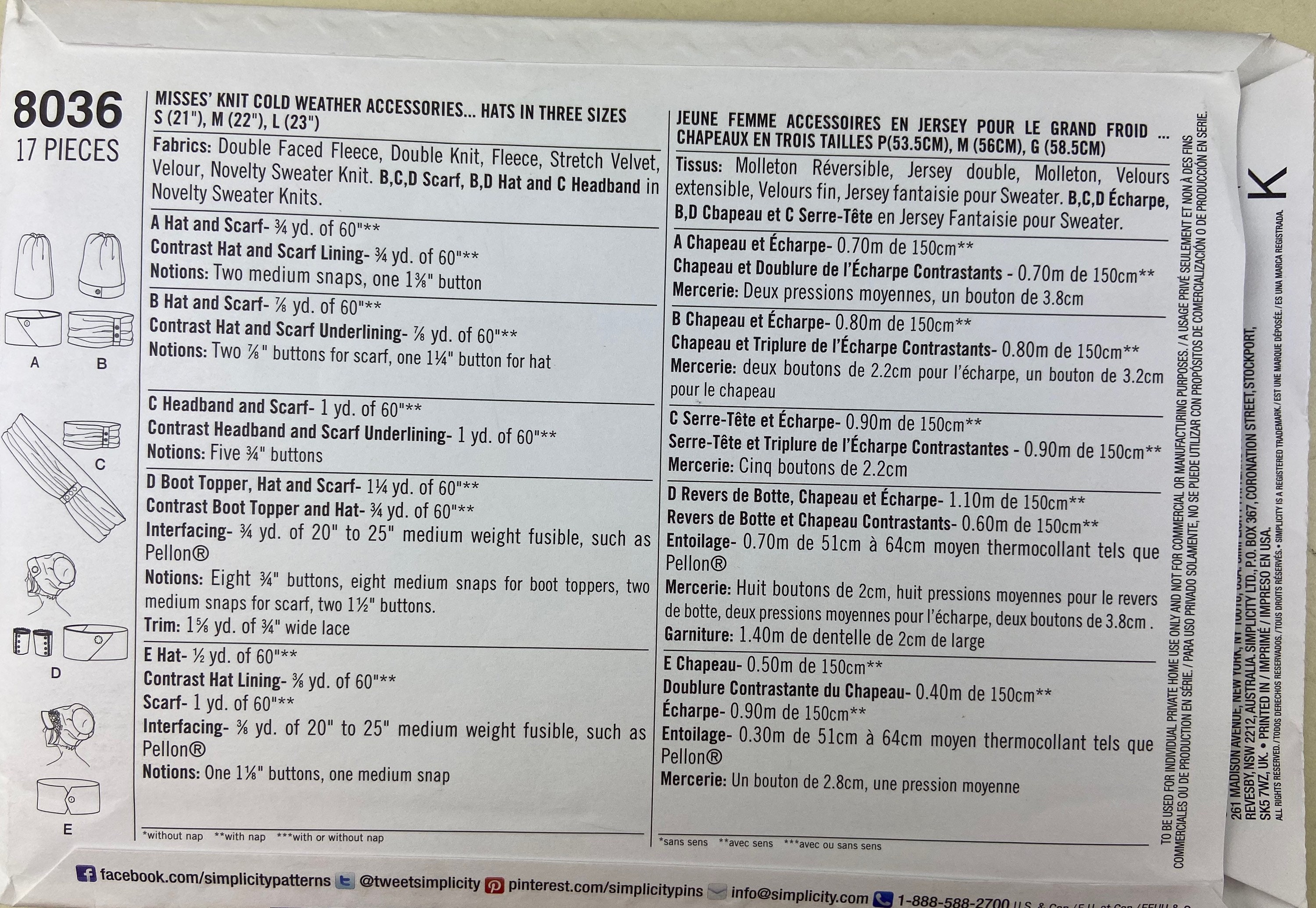 Simplicity 8036 Women's Sewing Pattern Hat Scarf Headband Boot Topper S ...